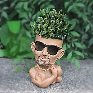 Face Planter Pot Head Planter - Beefcake Guy Model Human Funny Face Flower Pot for Indoor and Outdoor Plants Creative Decoration, Resin Succulent Planters with Drainage Hole