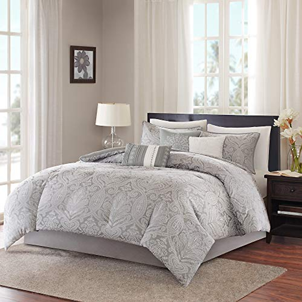 Madison Park Averly 7 Piece Comforter Set, Grey, King (104 in x 92
