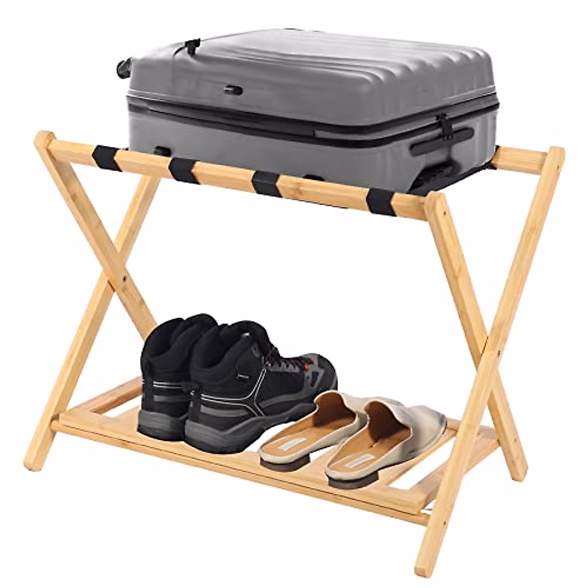 ALAPUR Bamboo Luggage Rack for Guest Room, Folding Luggage Holder with Storage Shelf , Suitcase Stand for Bedroom,Guest Room,Hotel