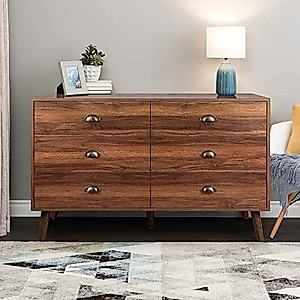 REHOOPEX 6 Drawer Dresser for Bedroom, Walnut Dresser with Chest of Drawers, Wood Storage Dresser with Wide Drawers for Closet, Entryway, Hallway, Living Room