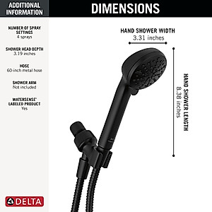 Delta Faucet 4-Setting Handheld Shower Head, Black Shower Head with Hose, Showerheads & Handheld Showers, Handheld Shower Heads, Detachable Shower Head, Hand Shower 1.75 GPM, Matte Black 75413BL