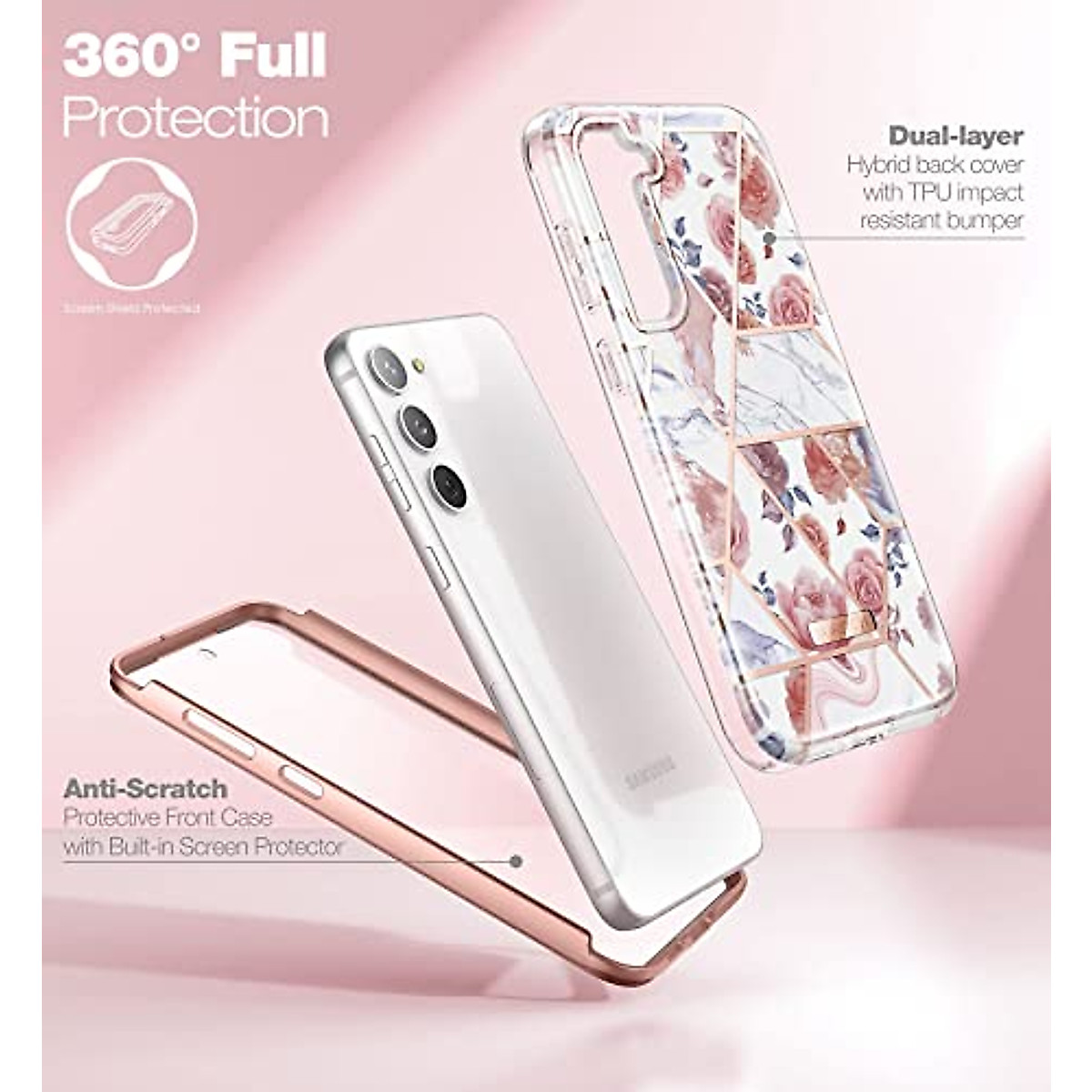 SURITCH for Samsung Galaxy S23 Plus Case, [Built-in Screen Protector] [Dual-Layer Protection ] Full Protection Shockproof Rugged Bumper Phone Cover for Samsung S23 Plus 6.6 Inch - Rose Marble