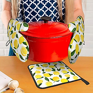 Lemon Oven Mitts and Pot Holders Sets of 3,Resistant Hot Pads with Polyester Non-Slip BBQ Gloves for Kitchen,Cooking,Baking,Grilling