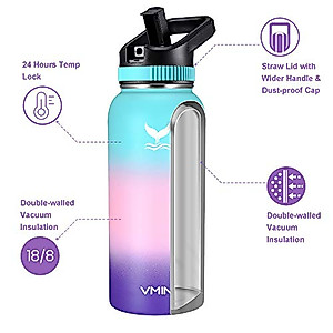 Vmini Water Bottle with Straw, Wide Sturdy Straw Lid with Dust Proof Cap, Wide Mouth Vacuum Insulated Stainless Steel Water Bottle, Gradient Mint+Pink+Purple, 32 oz