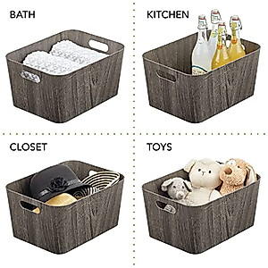 mDesign Wood Print Food Bin Box with Handles - Rustic Basket for Kitchen and Pantry Vegetable and Potato Storage - Perfect for Garlic, Onions, Fruit, and More - 16" Long - 4 Pack - Black