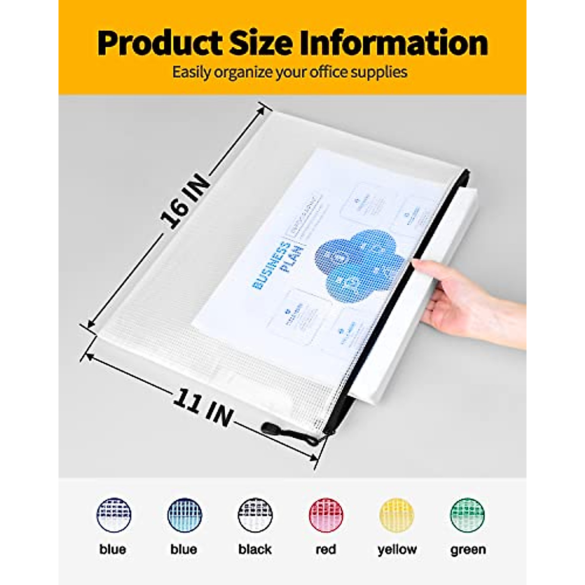 SUNEE Plastic Mesh Zipper Pouch 11x16 in (Black, 12 Packs) Extra Large Zip File Bags for Office Supplies, Cosmetics, Travel Storage, Bills, Accessories, Puzzles & Games Organizing Storage