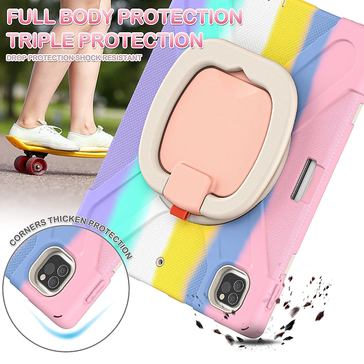 BATYUE iPad Pro 12.9 2021 Case,[Rugged] [Heavy Duty] iPad Pro 12.9 5th Generation Case with 360° Swivel Stand/Handle Grip/Shoulder Strap/Wireless Apple Pencil Charging Pencil Holder - Colourful Pink