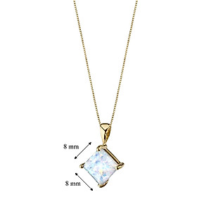 PEORA 14K Yellow Gold Created White Opal Pendant for Women, Classic Solitaire, Princess Cut, 8mm, 1 Carat total, October Birthstone Necklace, Fire Opal Necklace, For Jewelry Gift & Everyday Wear