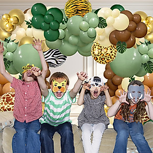 iLaFm 142pcs Safari Jungle Wild One Balloon Garland Arch Kit Sage Green and Brown Balloons with Animal Print Balloons Palm Leaves for Woodland Tropical Birthday Party Supplies Baby Shower Decorations