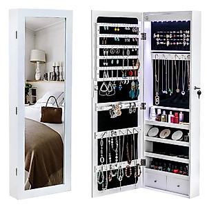 HOUAGI Modern White Jewelry Armoire with 5 LEDs, Mirror, 4 Drawers, Wall Mounted, Jewelry Organizer for Women, Wedding, Birthday, Earring Storage