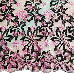 Bestway African Lace Fabric 5 Yards Laser-Cut Velvet Fashion Sequins Embroidery French Net Nigerian Women Party Celebration Fabric (Pink)