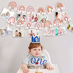 13 Pcs Rainbow First Birthday Photo Supplies Rainbow Baby Monthly Milestone Photo Banner Pink Garland from Newborn to 12 Months for Boho Birthday Party Supplies Photo Booth Props Decor