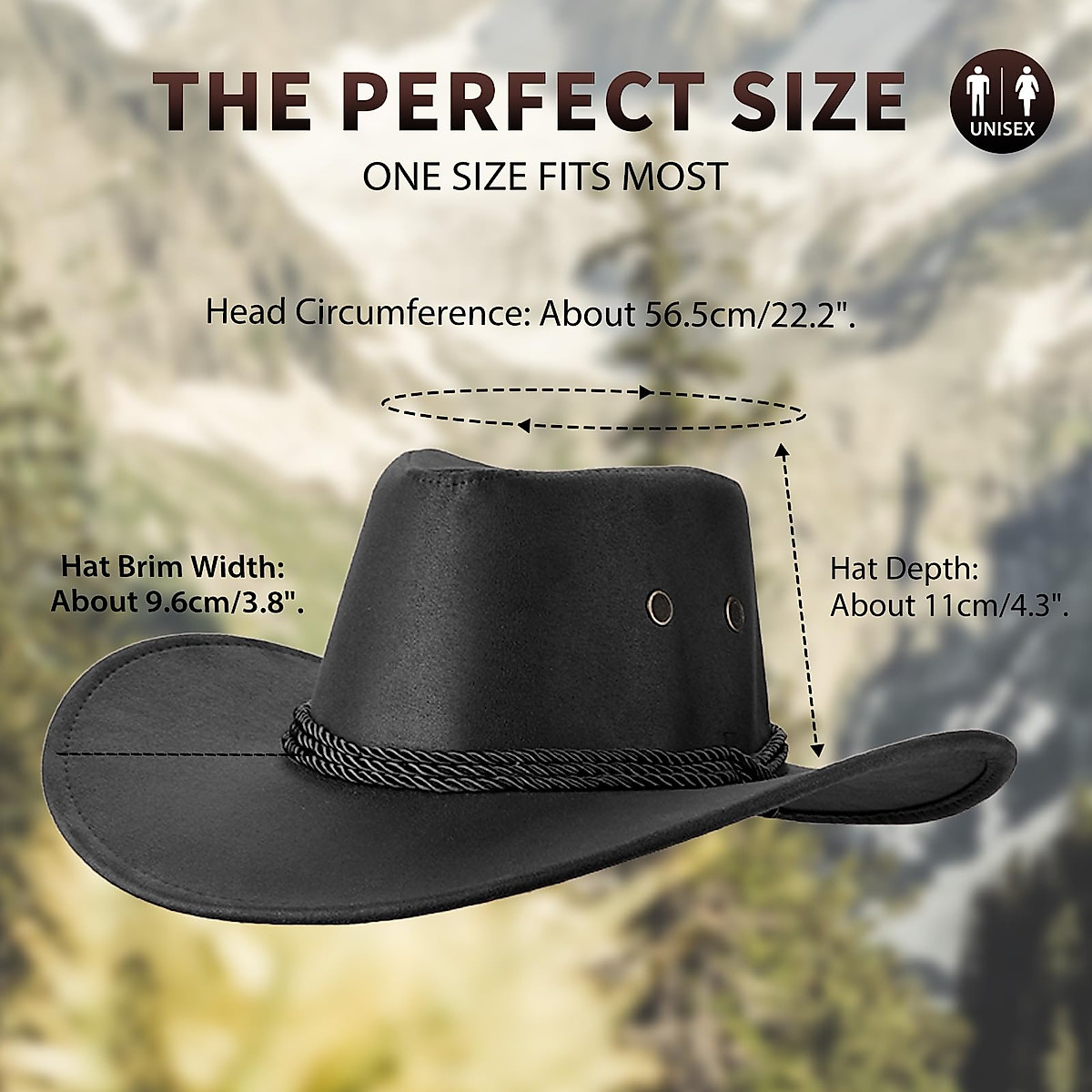 UwantC Mens Faux Felt Western Cowboy Hat Fedora Outdoor Wide Brim Hat with Strap Black