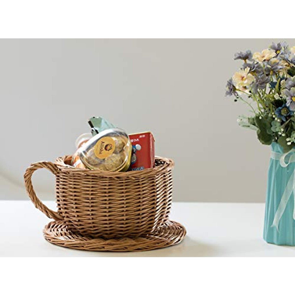 Wicker Saucer Coffee Mug Cup Decorative Gift Basket Desk Organizer