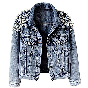 Kedera Women's Embroidered Rivet Pearl Short Denim Jacket Coat