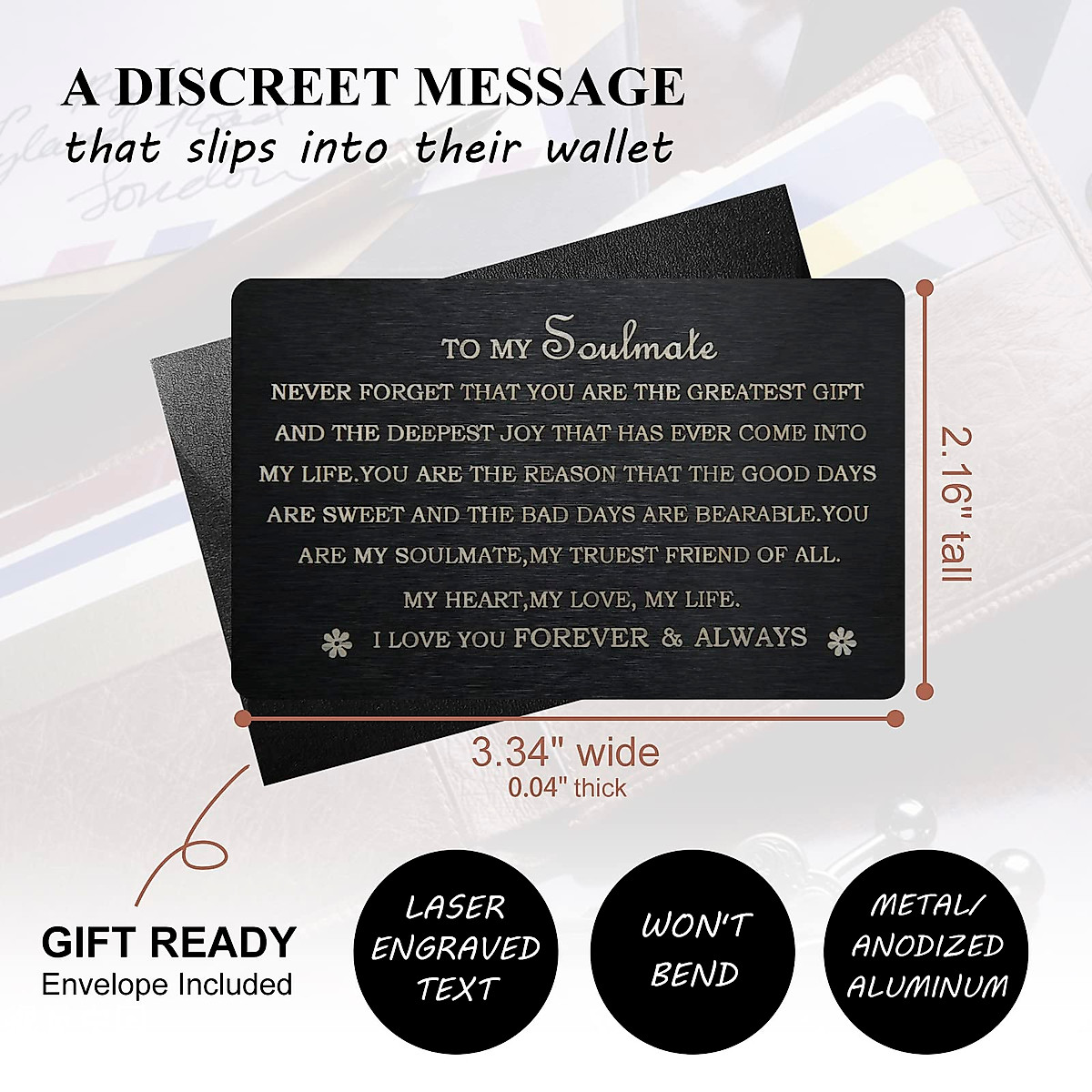 Engraved Wallet Love Note,Metal Wallet Card Gift for Men,Anniversary Gifts for Him,10th Anniversary Gift,Gift for Wife,Boyfriend Gift,Anniversary Cards for Husband,Birthday Gifts for Men