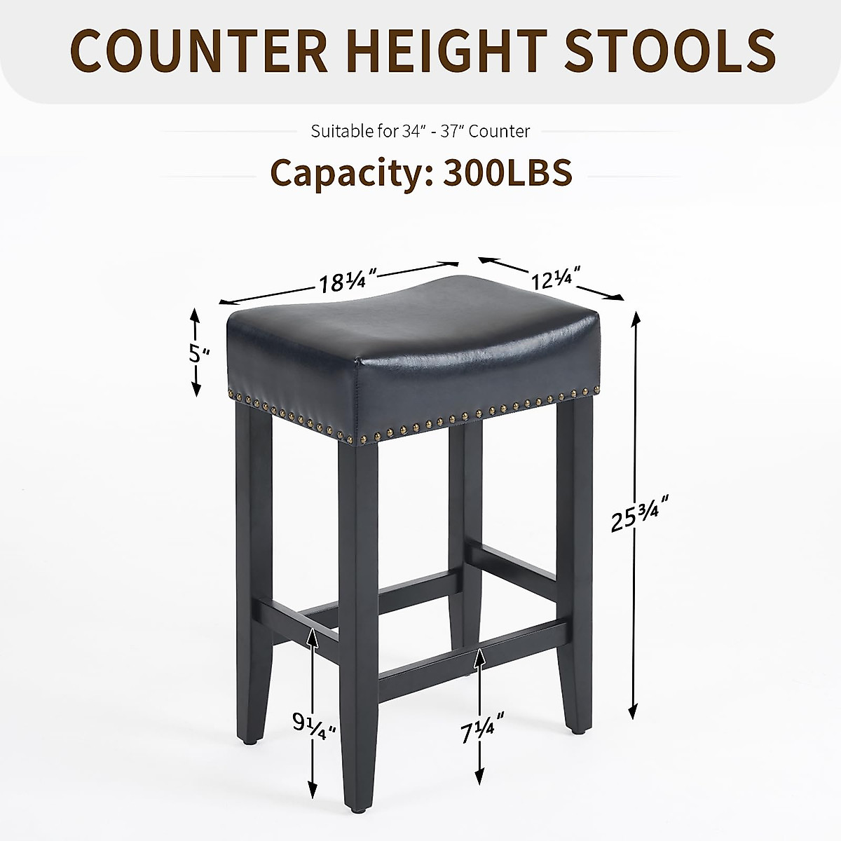 Furnimart 26” Bar Stools Set of 2 Leather Saddle Stool Counter Height Bar stools with Rivet Trim Cushion Seat Wood Counter Stools for Kitchen and Bar (PU-Black)