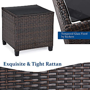 DORTALA 3 Pieces Patio Furniture Set, Outdoor Wicker Rattan Conversation Sofa Set with Cushion, Tempered Glass Top Table for Backyard Porch Garden Poolside Balcony, Navy