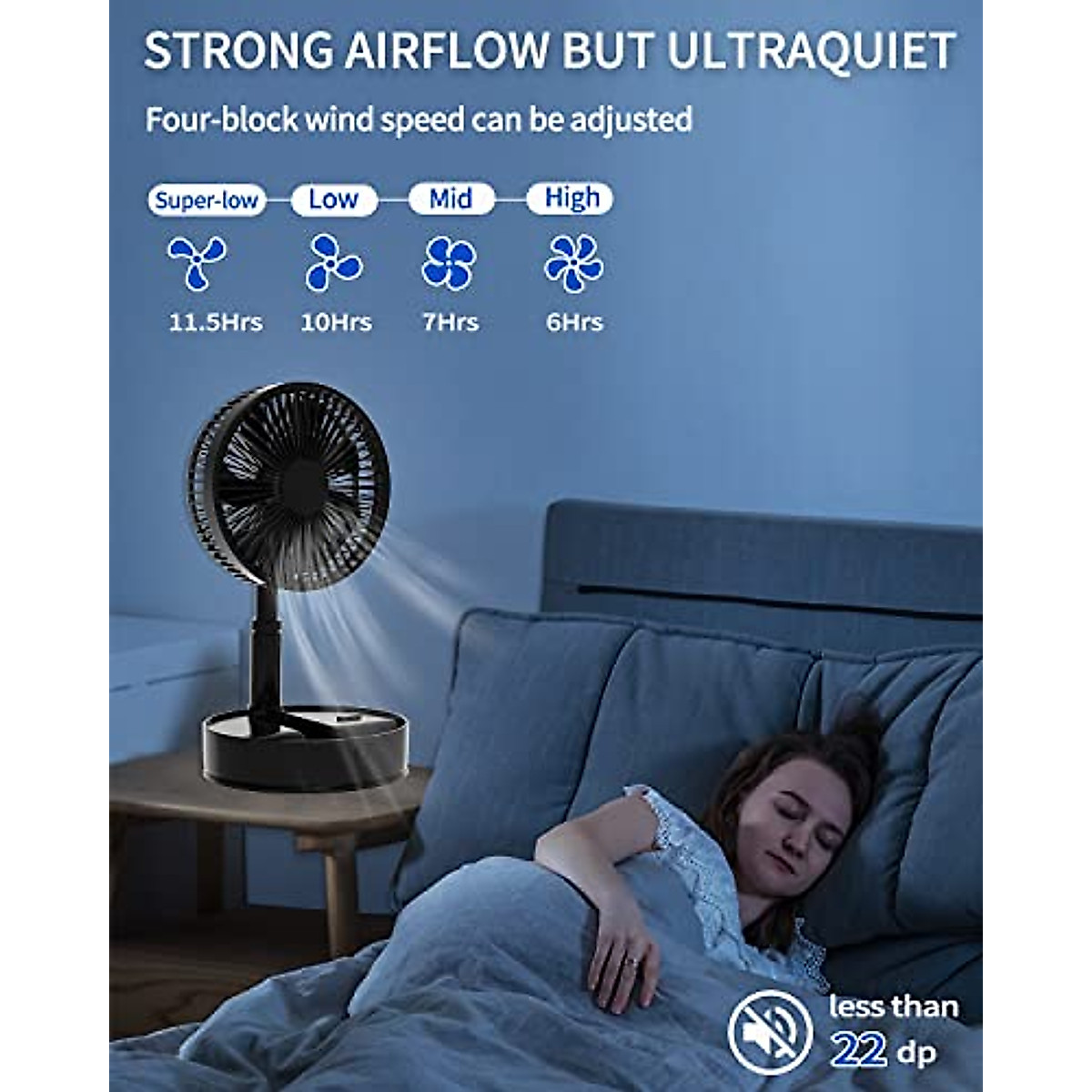 Oscillating Fan Foldaway with Remote Control, 7200mAh Rechargeable Battery Powered Pedestal Fan for Camping, 4 Speed, Timer, Height Adjustment Portable Table Fan for Travel , Outdoor, Home (Black)