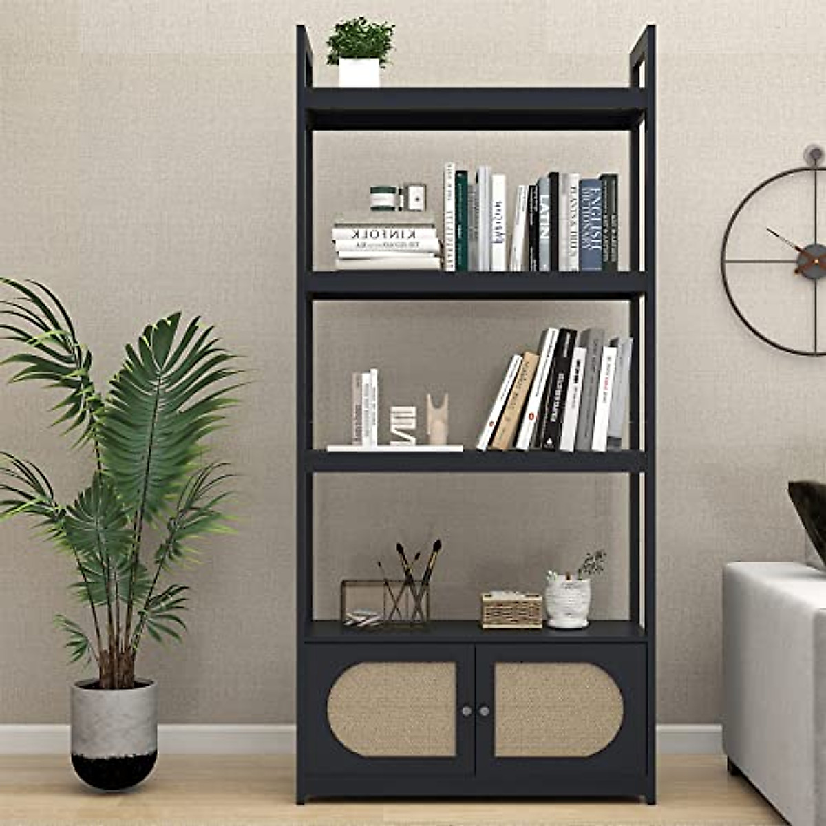 Modern Bookshelf and Bookcase, Freestanding Bookcase with 4 Tiers Open Storage Shelves Wooden Book Shelf Organizer with 2 Rattan Doors Cabinet for Living Room, Home Office, Bedroom, Washroom, Black