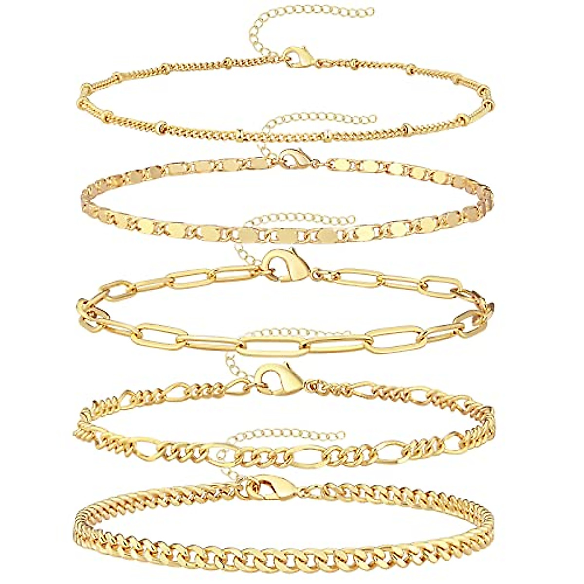 Reoxvo Gold Bracelets Jewelry Gifts Set for Women Fashion Dainty Gold Adjustable Layered Link Chain Bracelet Pack for Women 14K Real Gold Cute 5pcs