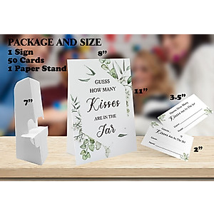 Guess How Many Kisses Are in the Jar Game-1 Standing Sign and 50 Guessing Cards, Greenery Bridal Shower Games, Baby Shower Sign, for Boys Girls Baby Shower Favors and Weddings Party Decoration-02