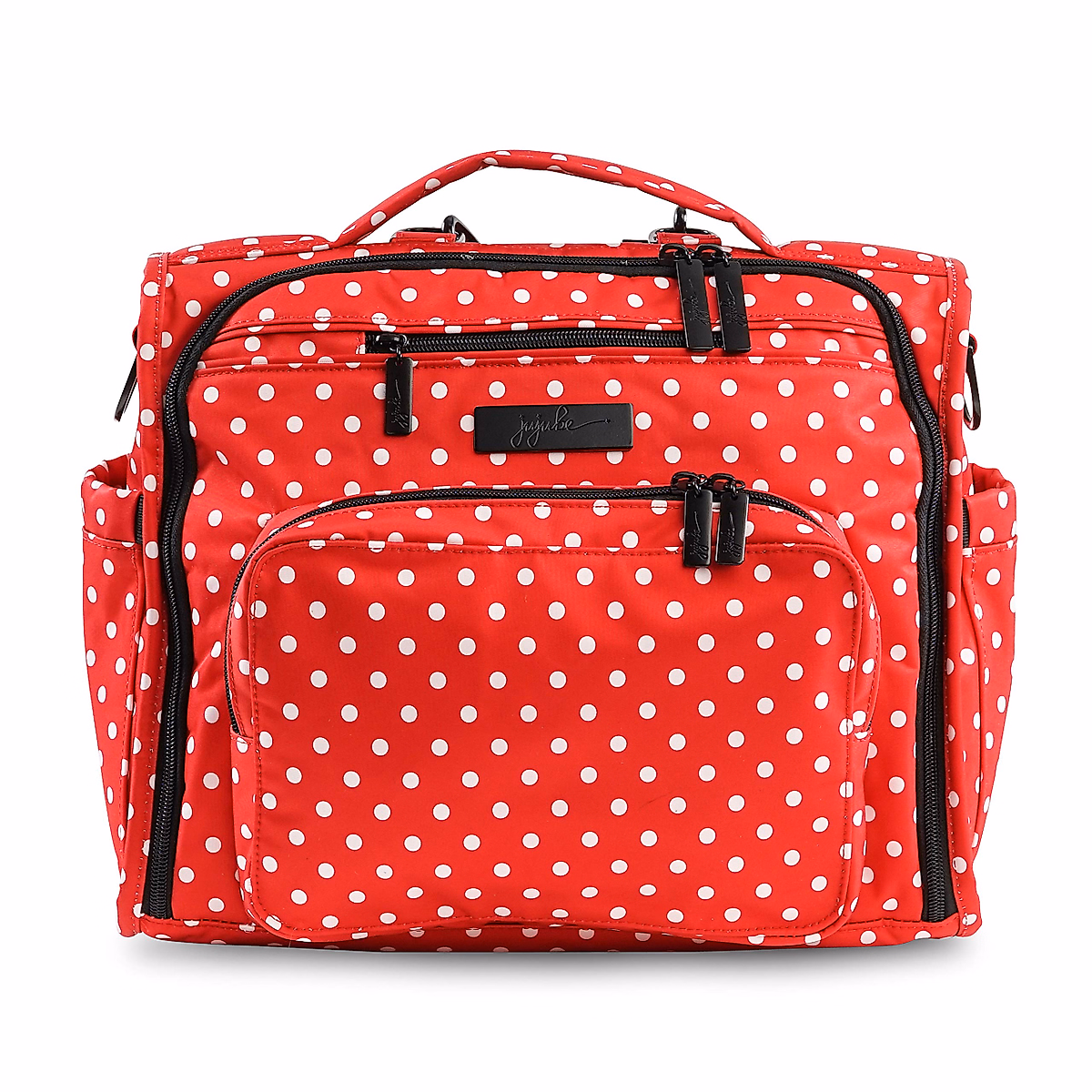 JuJuBe B.F.F Multi-Functional Convertible Diaper Backpack/Messenger Bag, Onyx Collection - Black Ruby - Red/White Polka Dots