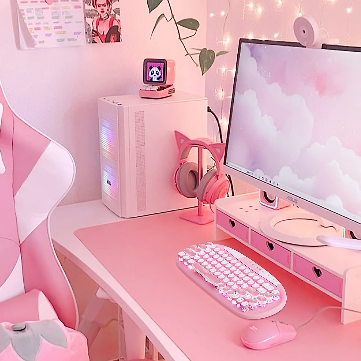 RK ROYAL KLUDGE RK838 Pink Wireless Keyboard, Retro Typewriter Keyboard BT/2.4G/Wired Mode, 75% RGB Hot Swappable Gaming Keyboard with Round Keys 10 Buttons, Pink Switch