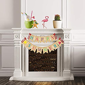 2Pack Happy Summer Burlap Banner Rustic Garland Decorations with Sun and Watermelon, Pool Beach Barbecue Hawaiian Party Decor Supplies