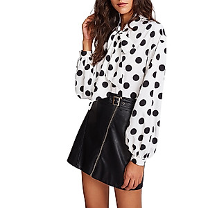 Floerns Women's Bow Tied Neck Lantern Long Sleeve Polka Dot Blouse White S
