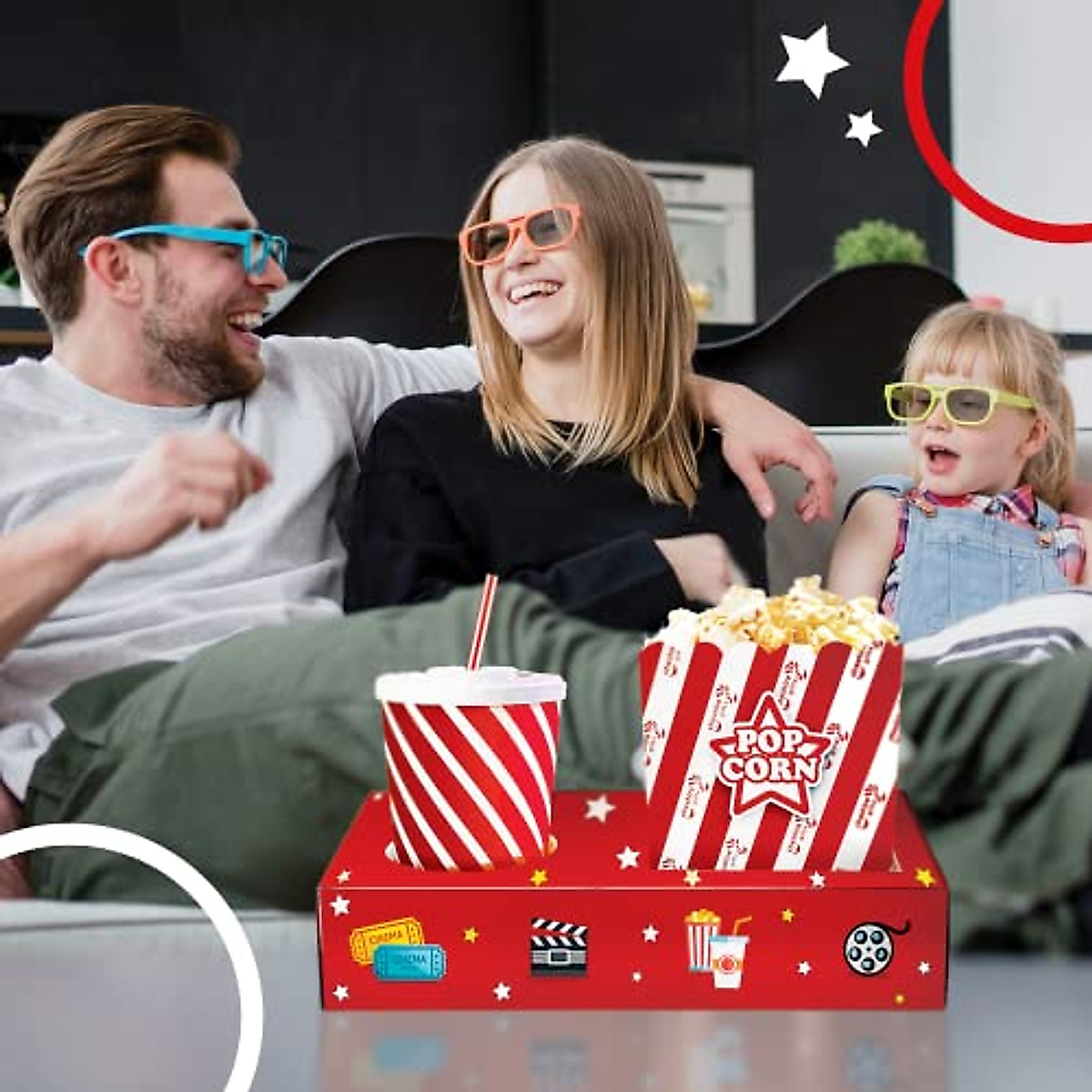 Movie Night Supplies 18 Pcs - Popcorn Buckets (12ct) & Movie Night Snack Trays (6ct) - Movie Theater Decor & Popcorn Bowls For Family Movie Night, Popcorn Bags Individual Servings & Movie Snack Trays