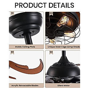 Siljoy 36” Farmhouse Ceiling Fan with Lights and Remote, Industrial Caged Retractable Ceiling Fan, 6 Wind Speeds Rustic Ceiling Fan for Patio Kitchen Bedroom Living Room, Black