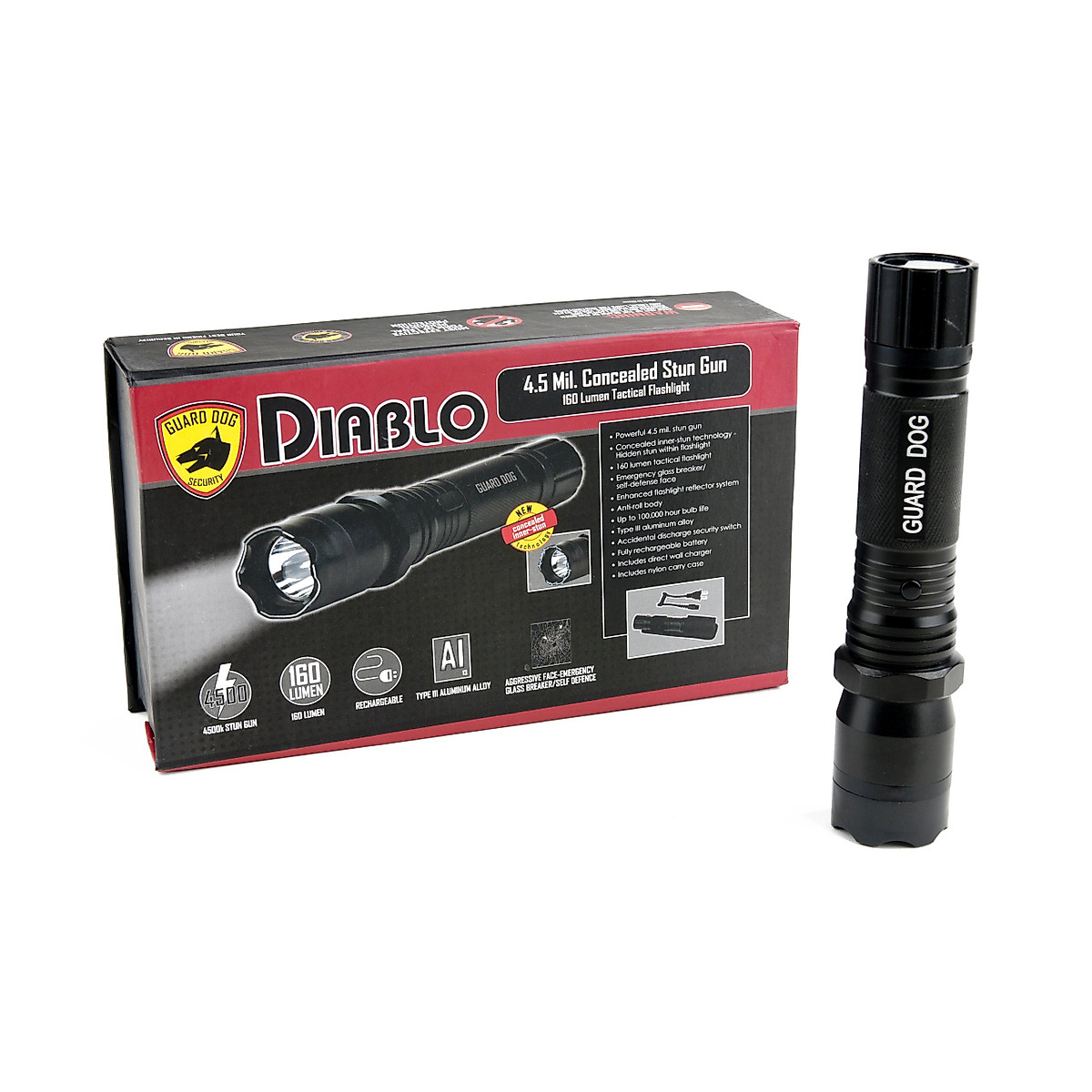 Guard Dog Security TLSG-GDD4500F Diablo Tactical Stun Gun Flashlight, Maximum Voltage, Ultra Bright LED Bulb, Rechargeable, Black, 6.74-Inch