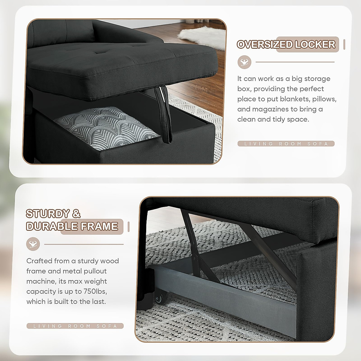 Antetek Reversible Sleeper Sectional Sofa with Pull-Out Bed, Comfy Tufted L-Shaped Sectional Sofa Couch Bed with Storage Chaise Side Pocket, Furniture Set for Living Room, Small Space, Black