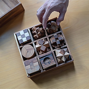 BSIRI 9 Puzzles in a Box - Wooden Brain Teasers, 3D Puzzles for Adults and Kids, Educational Mind Games, Ideal for Birthday Gifts and Home Decor