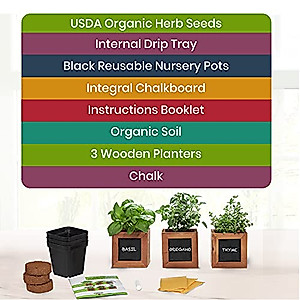 Indoor Herb Garden Kit - Includes 3 Wooden Herb Pots, Internal drip Trays, Soil Pellets, Chalk, Instructions Booklet and Basil, Oregano & Thyme Non GMO Herb Seeds. DIY Kitchen Herbs Growing Kit.…