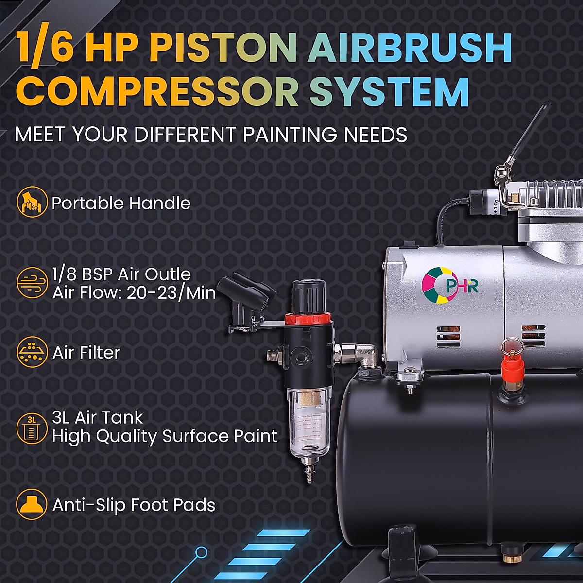 OPHIR 110V Pro Airbrush Kit Air Brush Compressor with Tank 0.2mm 0.3mm 0.8mm Airbrushes & Cleaning Kit for Model Hobby Painting Body Tattoo Airbrush Set,Color Wheel