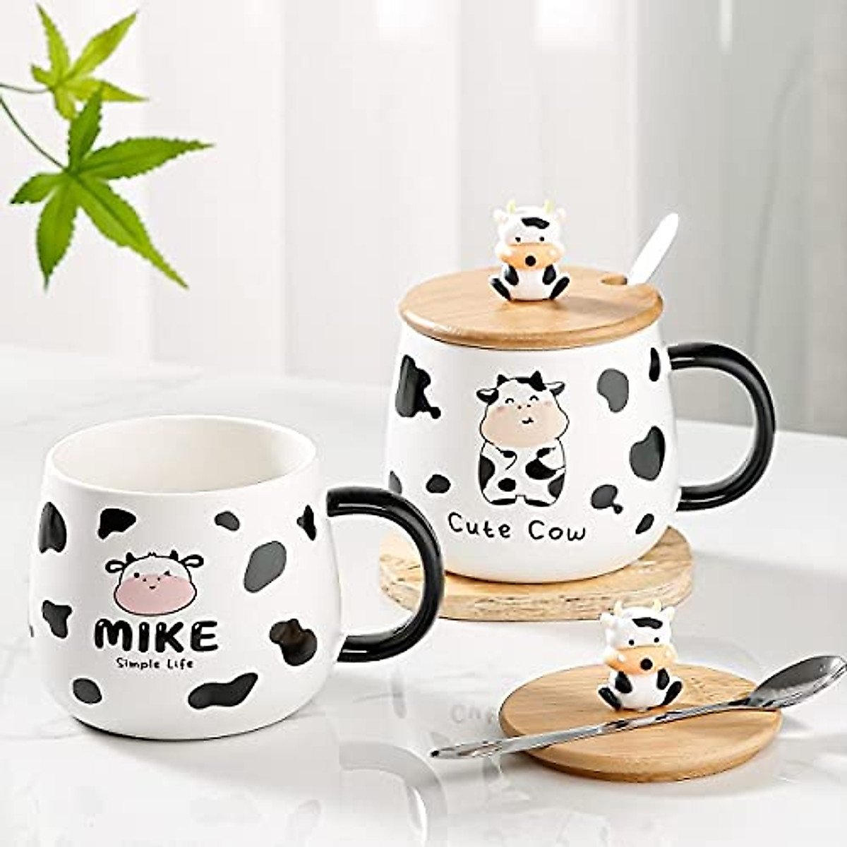 Arawat Cute Cow Coffe Mug with Lid and Spoon Cow Print Stuff Gifts 400ml Ceramic Tea Coffee Cup Kawaii Cow Mugs Funny 3D Animal Cow Mug Birthday Gifts for Women Girls Cow Lovers