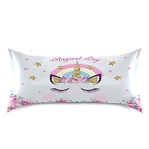 Dalzium Cute Unicorn Girl Print Satin Pillowcase for Hair and Skin, Unicorn and Pink Flowers Silk Pillow Case with Envelope Closure, Standard Size 20x26 inches, White, 1 PC