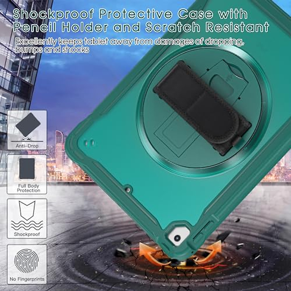 BRAECNstock for iPad Case 9.7 inch iPad 6th Gen 2018/5th Gen 2017/iPad Air 2/Pro,Shockproof Cover with Kickstand&Screen Protector,Kids Case with Pen Holder/360°Rotate Stand+Hand Strap-Midnight Green