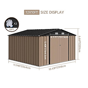 Zstar 12x10 FT Metal Outdoor Storage Shed, Steel Utility Tool Shed Storage House with Lockable Door Design, Metal Sheds Outdoor Storage for Garden, Patio, Backyard, Outside Use, Brown