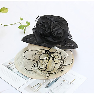TLMNU Organza Fascinator Hat - Women¡¯s Wide Brim Church Bridal Tea Party Wedding Hat 12LaceBlack