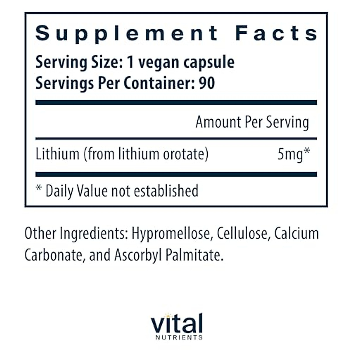 Vital Nutrients Lithium Orotate | Vegan Lithium Supplements for Memory, State of Mind, and Behavioral Health*| 5mg | Gluten, Dairy, Soy Free | 90 Capsules