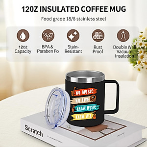 WFSJRED Theater Gifts 12 oz Insulated Mug for Coffee Mug with Leak-Resistant closeable hot lid for hot Drinks with Handle Broadway Gifts for Musicians (NO MUSIC)