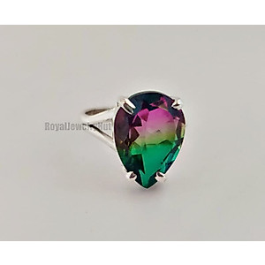 Multi Color Tourmaline Quartz Ring, Pear Shape Gemstone Ring, Handmade Ring, Women Ring, Gift For Her, All US Ring Size (Yellow Gold Plated Silver, 9)