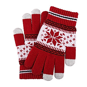 Snowflake Pattern Knitting Gloves for Women and Men Winter Warm Mittens Full Finger Touchscreen Texting Gloves (Red, One Size)