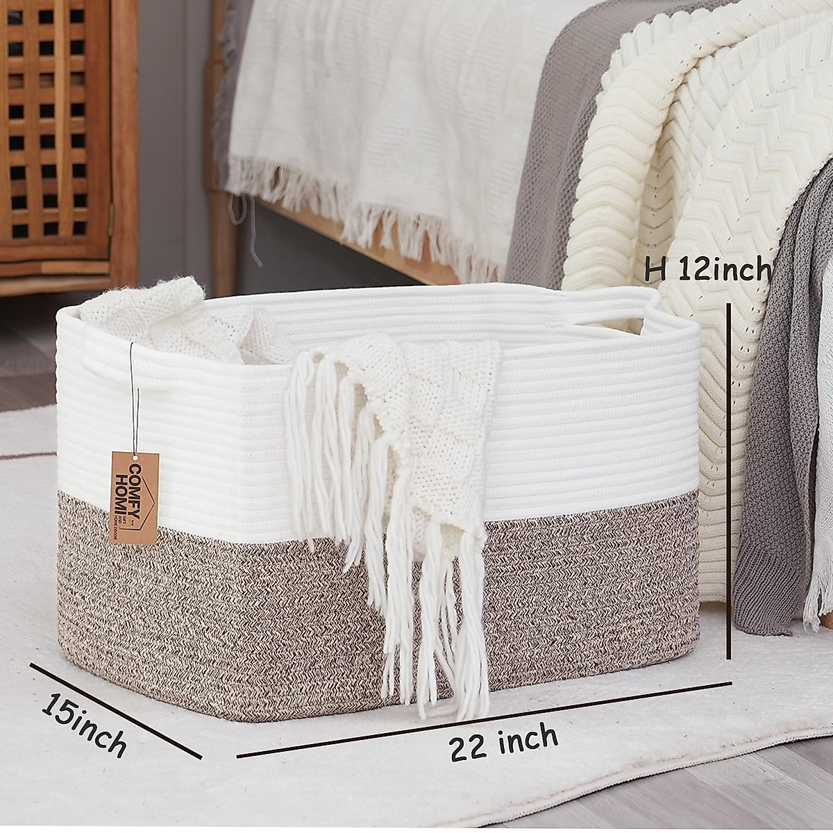 COMFY-HOMI Large Laundry Basket for Organizing|Rectangle Cotton Rope Storage Basket with Handles|Blanket Basket for Living Room|Woven Laundry Basket for Towels, Toys, Clothes-22x15x12”-White/Brown