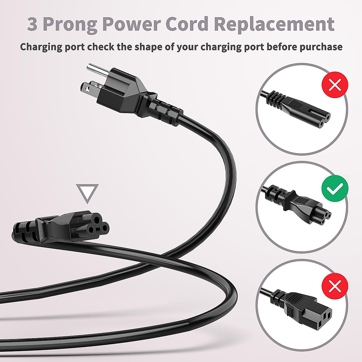 3 Prong Power Cord Replacement Power Cable for Computers, TV, Monitors, Dell, IBM, HP, Asus, Sony, Samsung, Toshiba, Lenovo, Acer, Epson Printer, LG LED LCD Smart 1080p HDTV, 6 Ft AC Cable