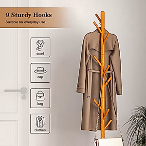 NicQliear Wooden Freestanding Coat Rack with 9 Hooks, Adjustable Coat Rack Stand to Hang Clothes/Bags/Hats, Standing Coat Tree Perfect for Bedroom/Entryway/Hallway