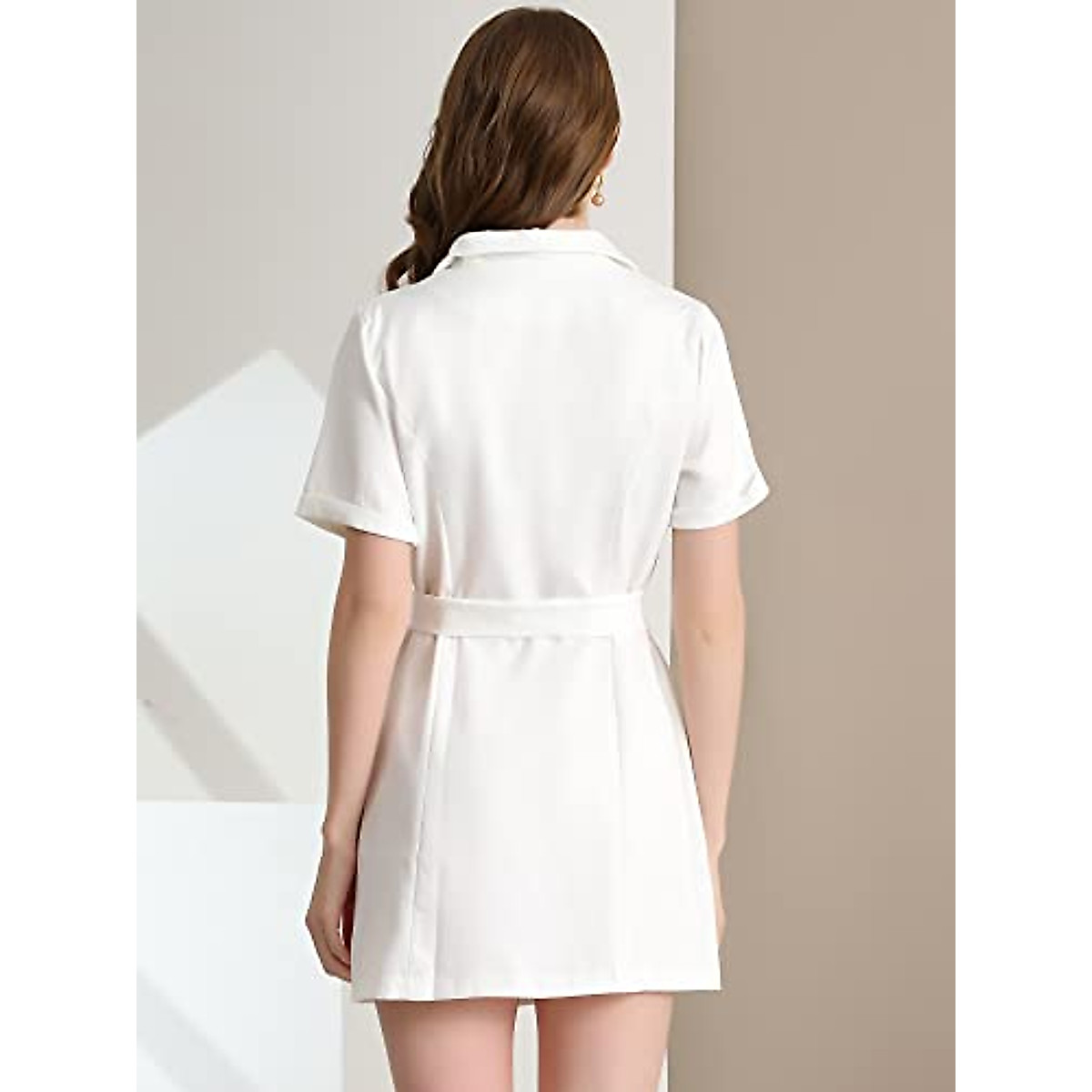 Allegra K Women's Notched Lapel Double Breasted Casual Work Office Belted Blazer Dress Medium White